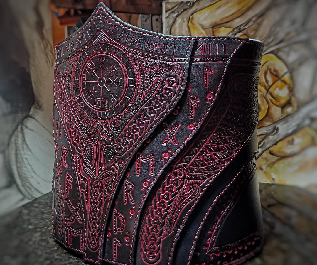 Leather Tooled Corset Underbust Valkyrie Viking Warrior Armor Red ...
