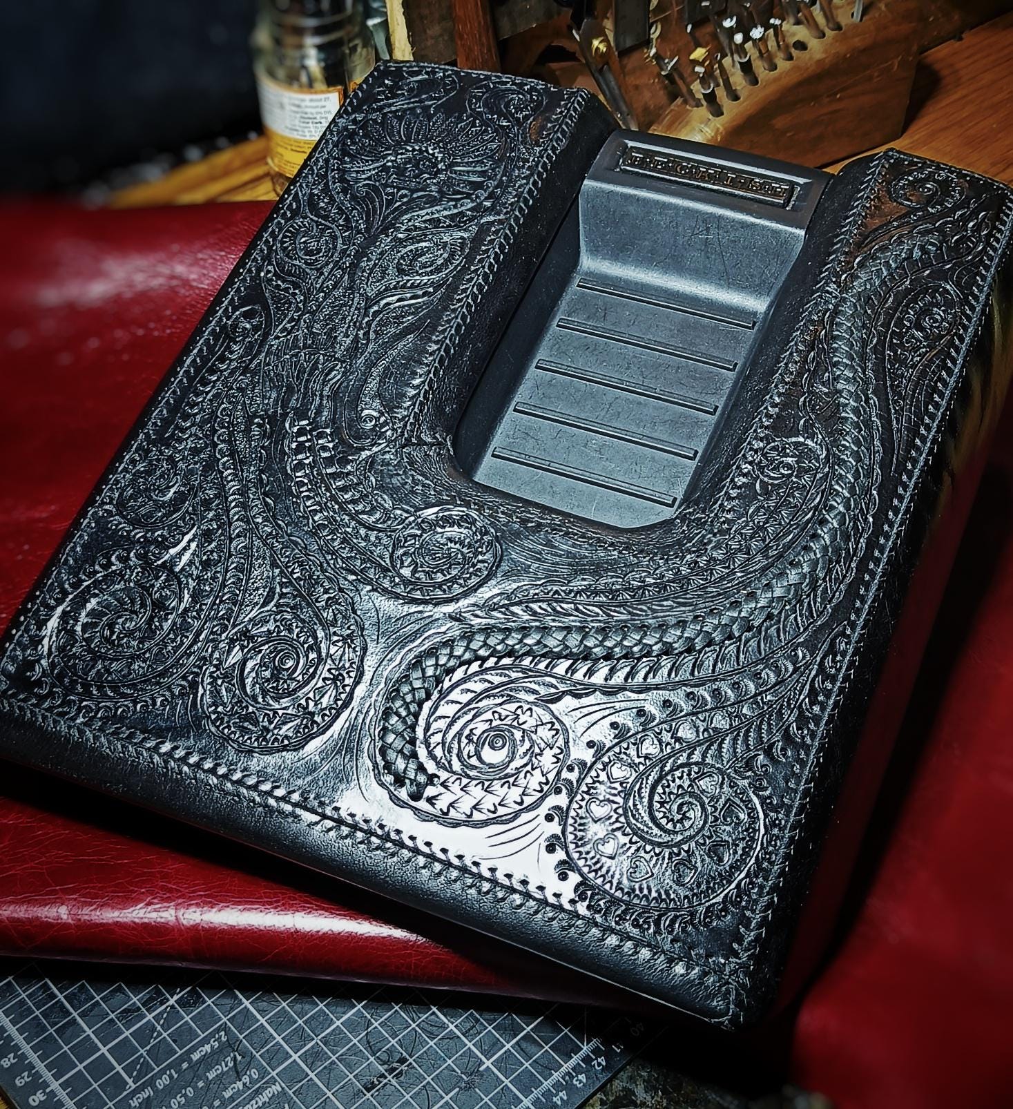 Custom Tooled Leather Truck Console Cover Black Braided Car Interior Re ...