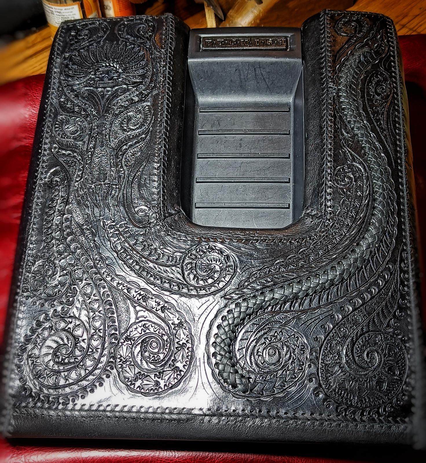 Custom Tooled Leather Truck Console Cover Black Braided Car Interior Re ...