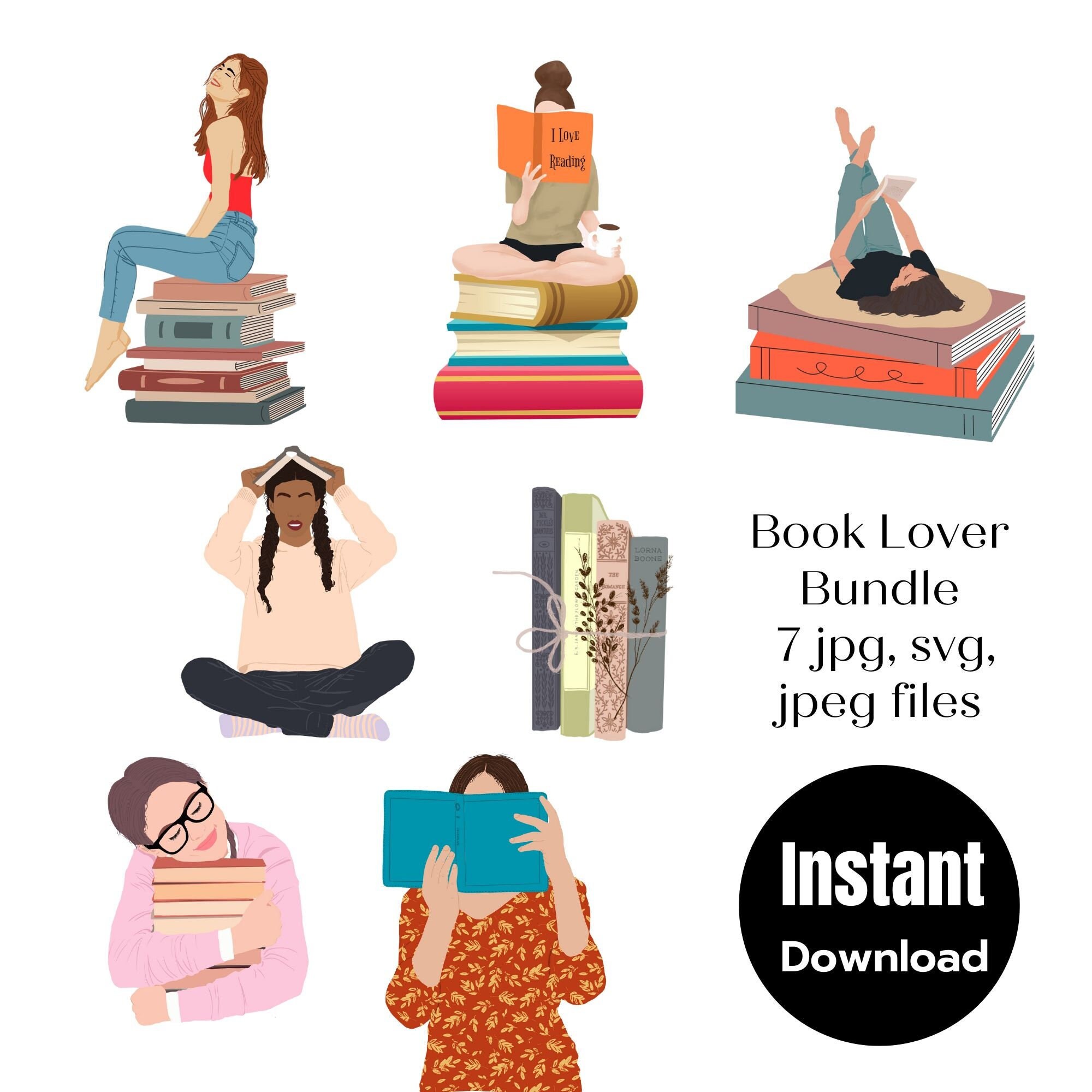 Women Reading Books Clipart, Feminine Book Lover Png, Book Bundle ...