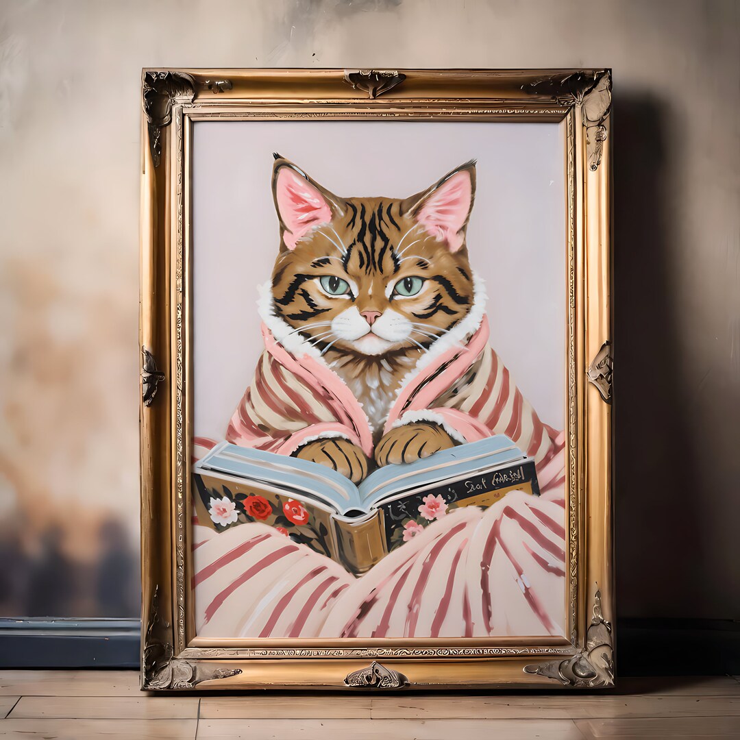 Cat Reading a Book, Vintage Cat Print, Girl Room Decor, Nursery Decor ...