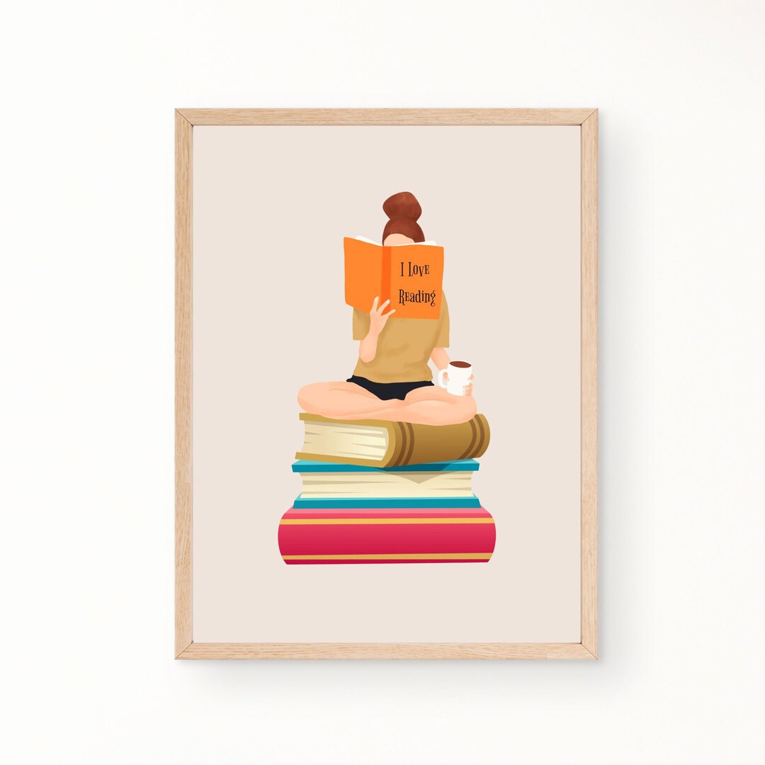 Book Lover Art Print, Girl on Books Art Print, Books Art Print, Stack ...
