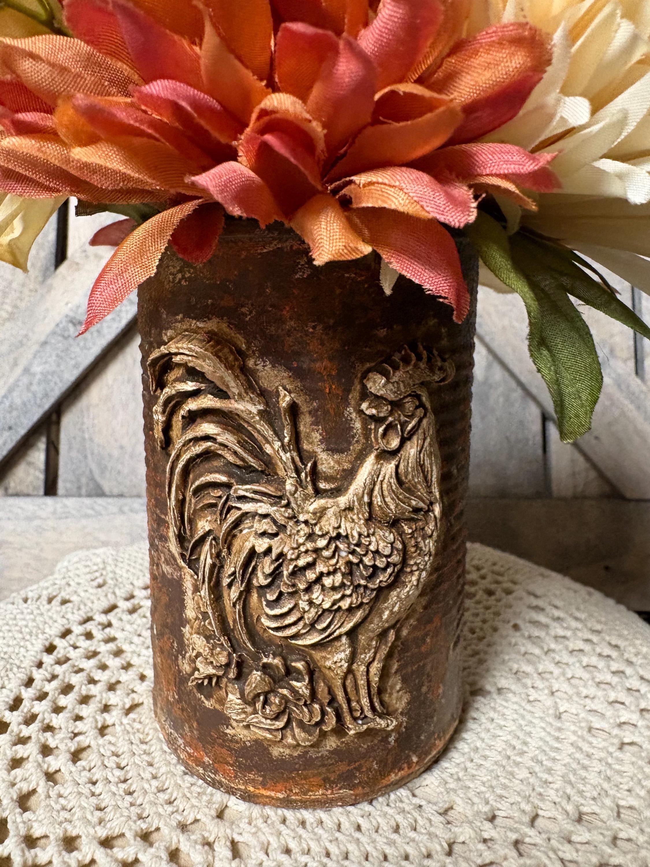 Rustic Upcycled Decorative Tin Can / Fall Rooster Decor / Floral ...