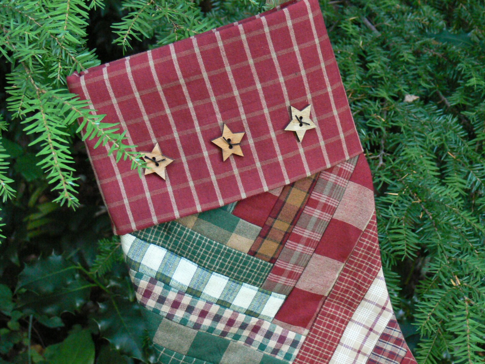 Homespun Strip Quilted Christmas Stocking, Primitive, Rustic, Homespun ...