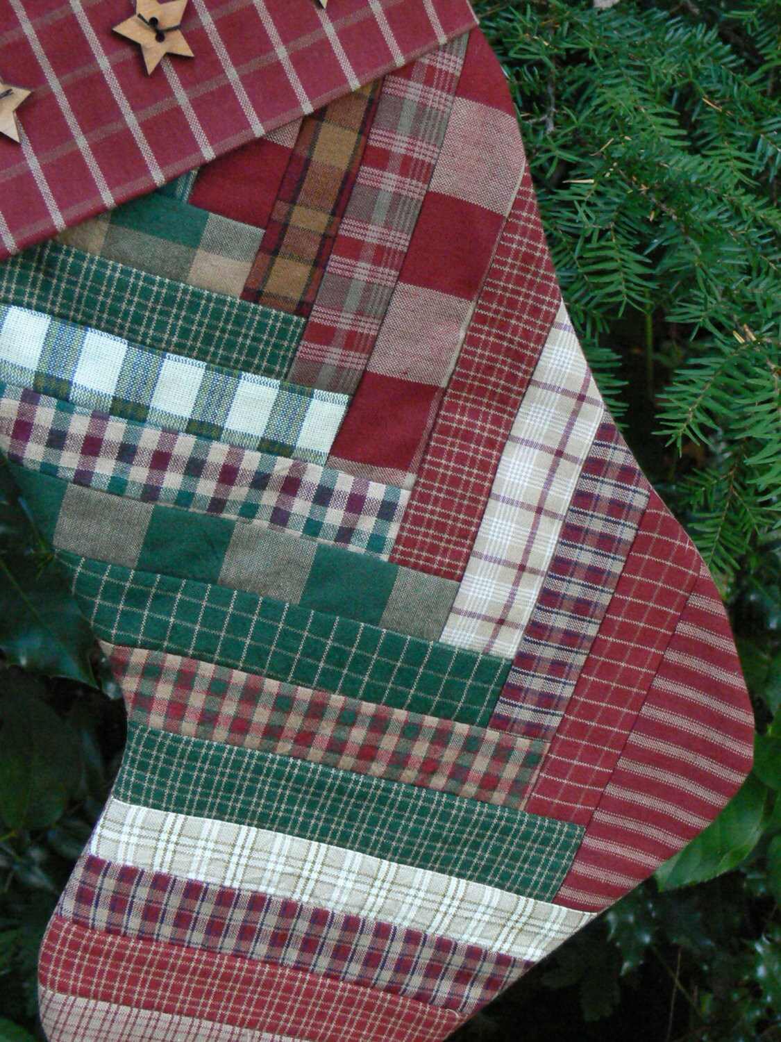Homespun Strip Quilted Christmas Stocking, Primitive, Rustic, Homespun ...