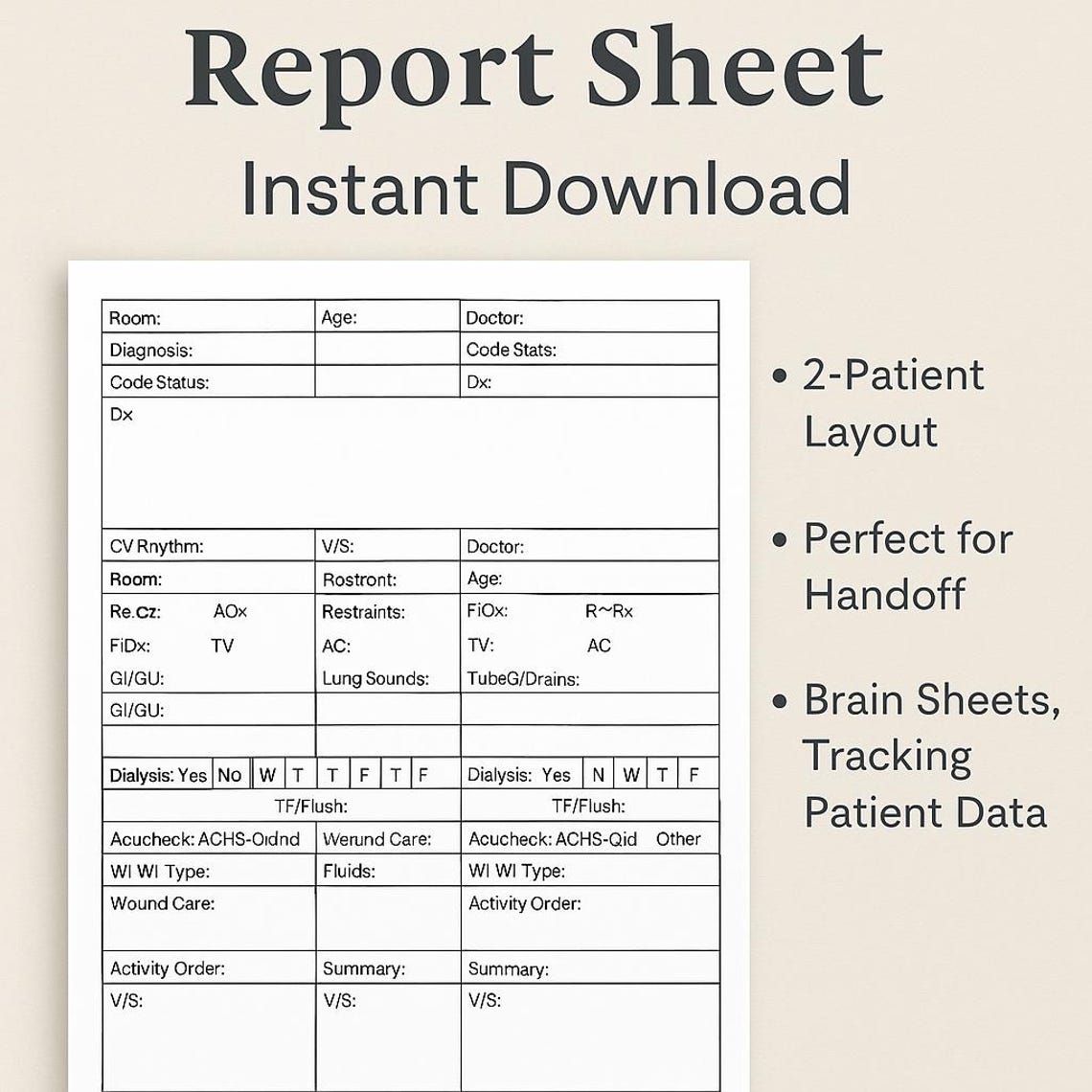 ICU Nurse Report Sheet Printable | ICU Nurse Brain Sheet | Critical ...