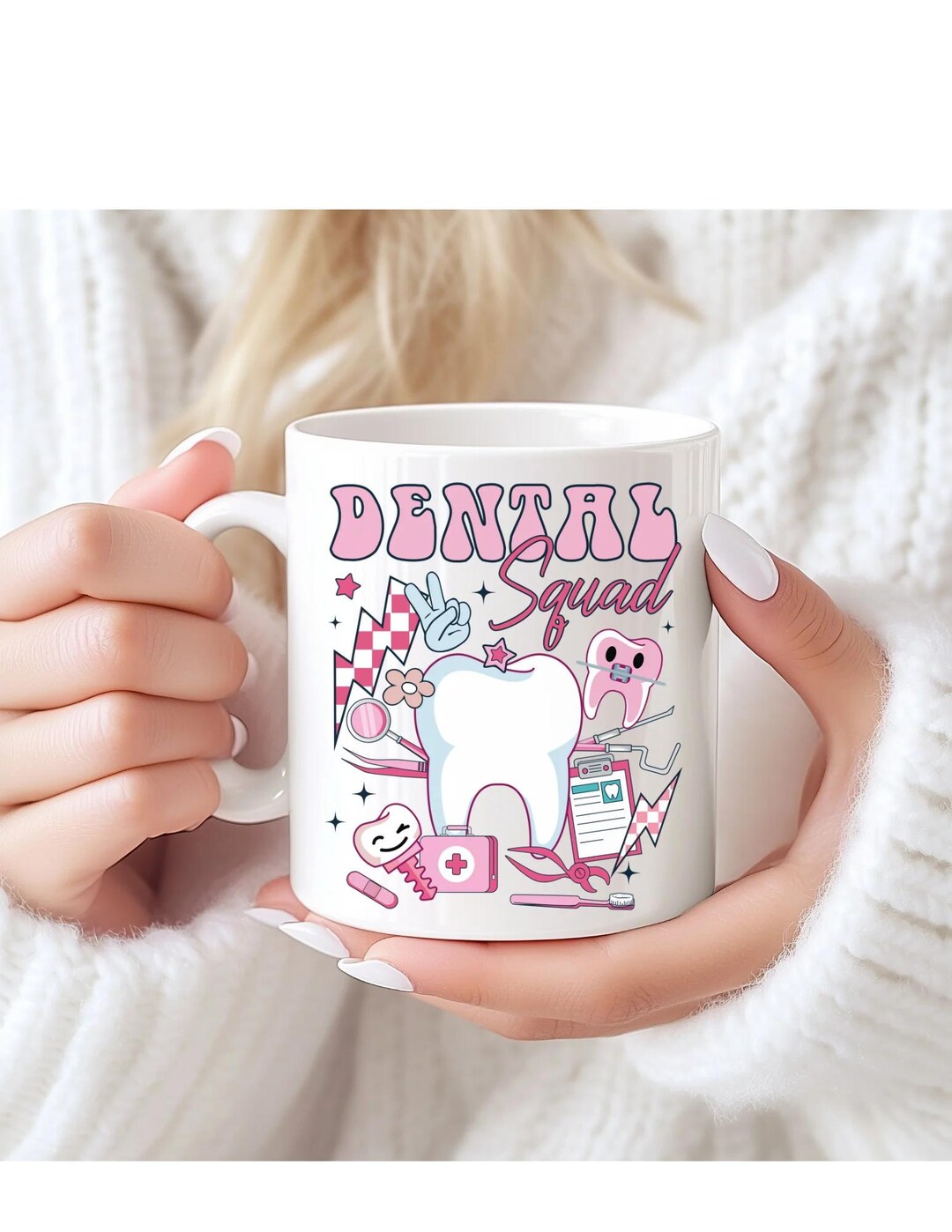 Pink Dental Squad Mug 11 Oz, Cute Tooth Design, Pink Aesthetic Cup for ...