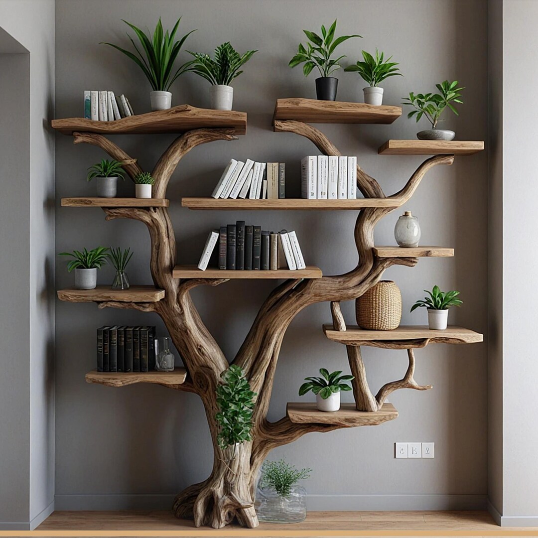 Tree Branch Bookshelf Solid Wood Christmas Tree Bookcase Mid Century ...