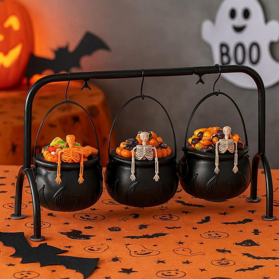 Set of 3 Witches Cauldron Candy Serving Bowls on Rack, Black Plastic ...