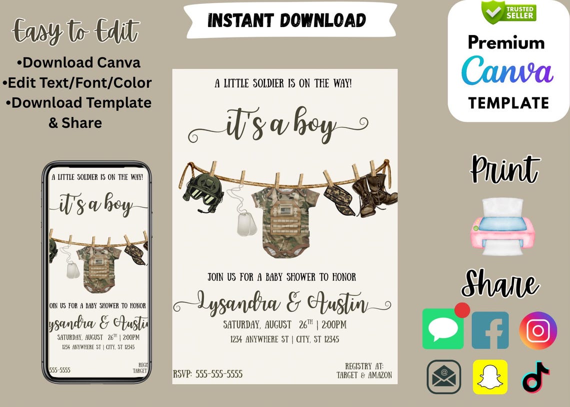 Military Baby Shower Invitation | Camo Army Theme (editable Template ...