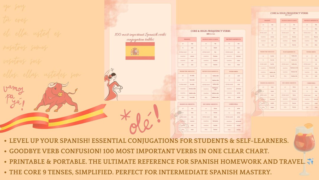 Spanish Verb Conjugation Chart: 100 Verbs, 9 Tenses (digital Download ...