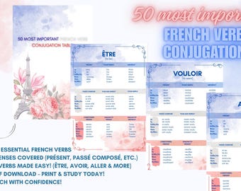 French Verb Conjugation Chart: 50 Essential Verbs (PDF Printable) - Etsy