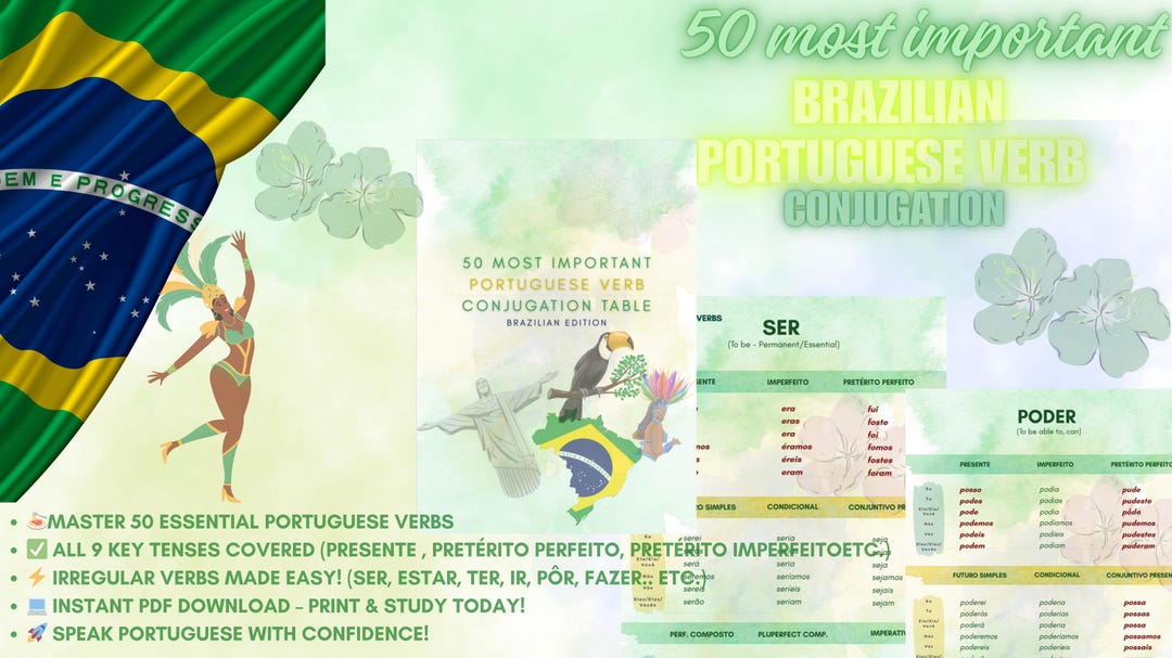 50 Portuguese Verb Conjugation Chart | Printable Portuguese Grammar ...