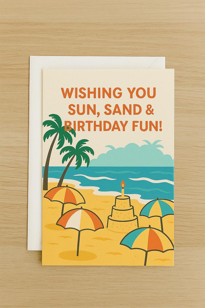 Beach Birthday Card Printable PDF – “wishing You Sun, Sand & Birthday ...