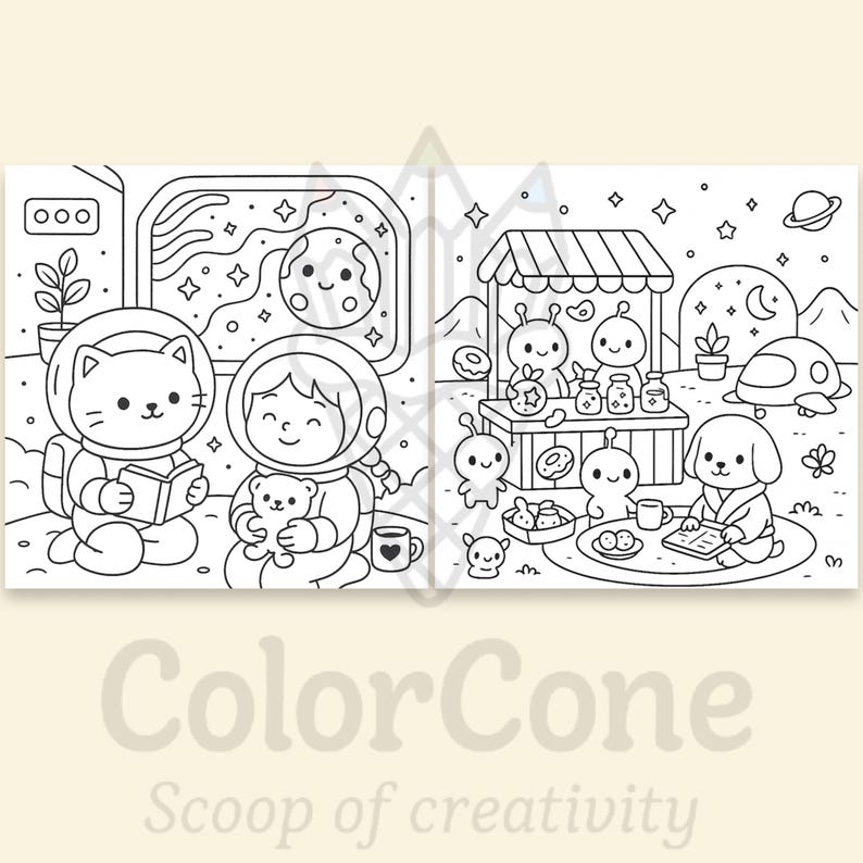 Cozy Space Friends: Kawaii Space Coloring Pages for Kids & Adults, Cute ...
