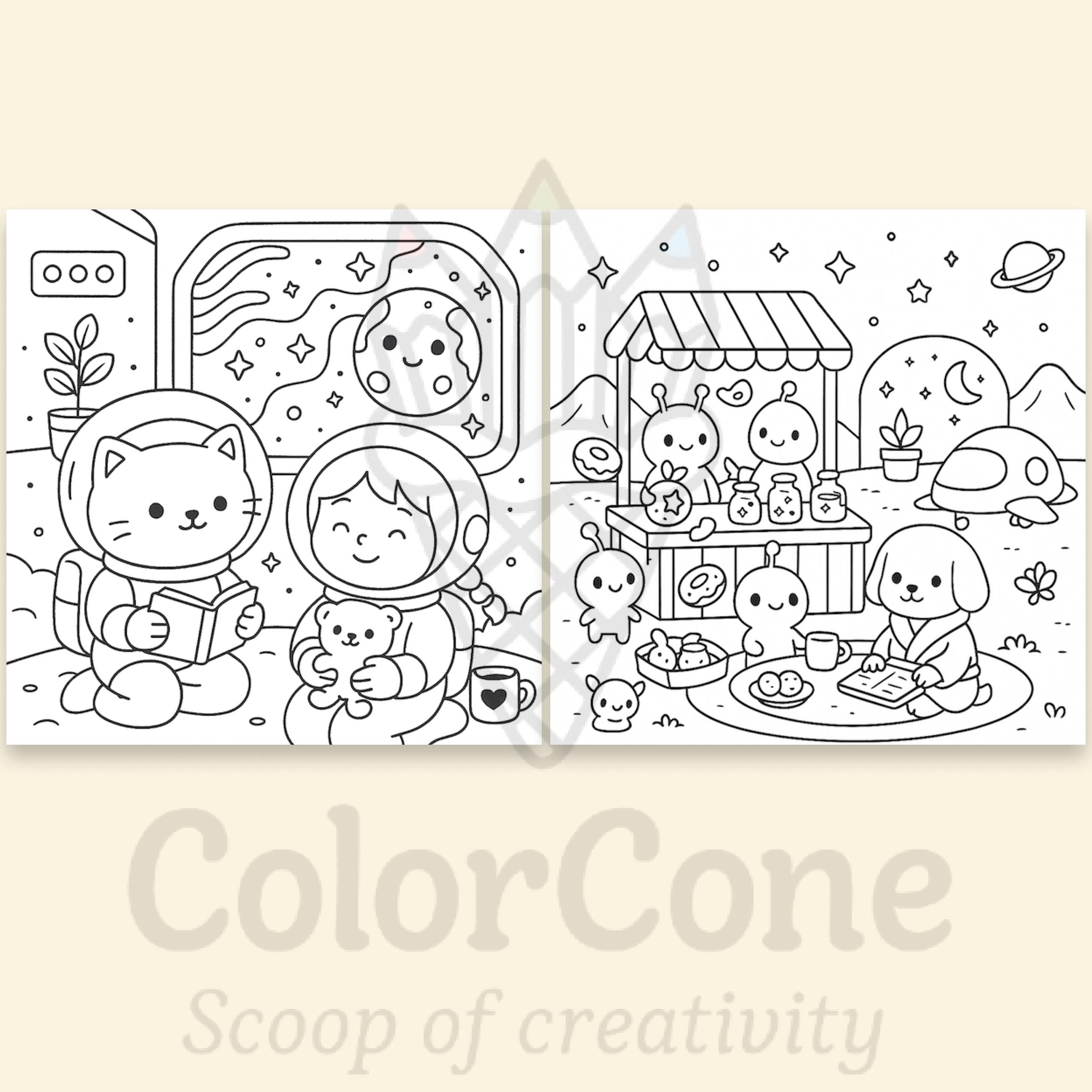 Cozy Space Friends: Kawaii Space Coloring Pages for Kids & Adults, Cute ...