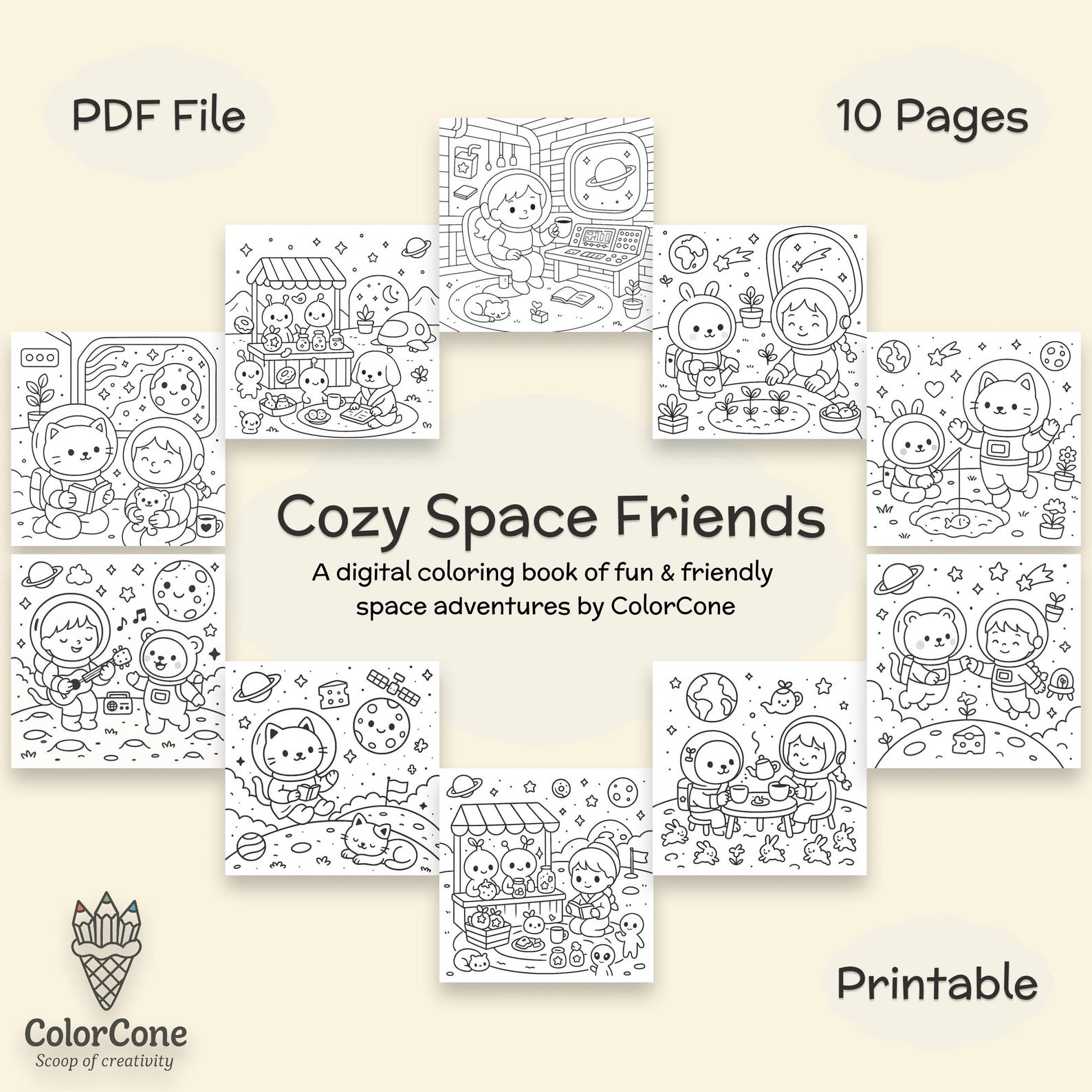 Cozy Space Friends: Kawaii Space Coloring Pages for Kids & Adults, Cute ...