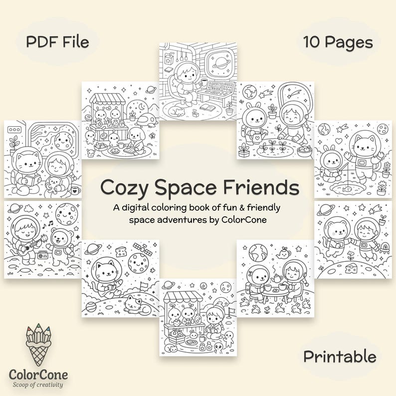 Cozy Space Friends: Kawaii Space Coloring Pages for Kids & Adults, Cute ...