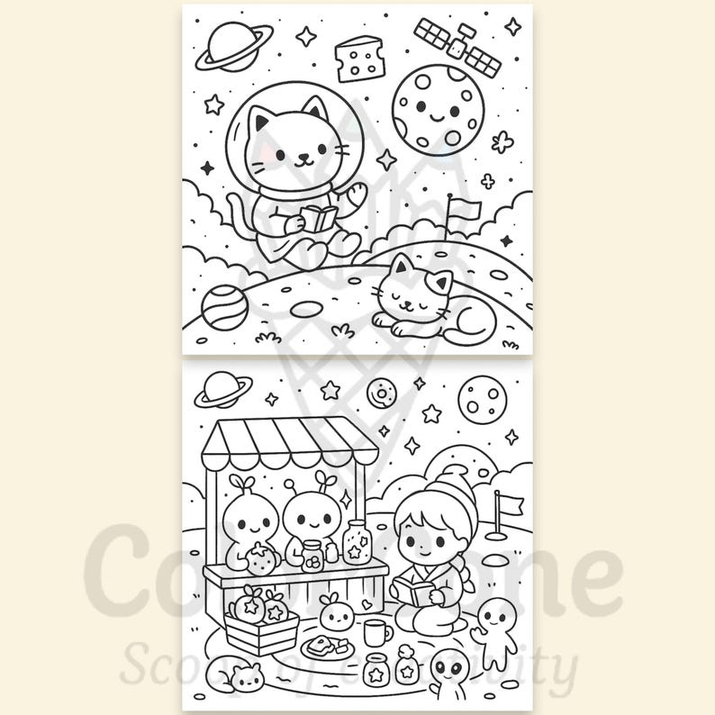Cozy Space Friends: Kawaii Space Coloring Pages for Kids & Adults, Cute ...
