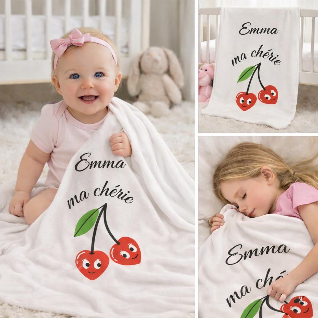 Ma Chérie Cherry Illustration Velveteen Blanket | White Plush Throw - Etsy