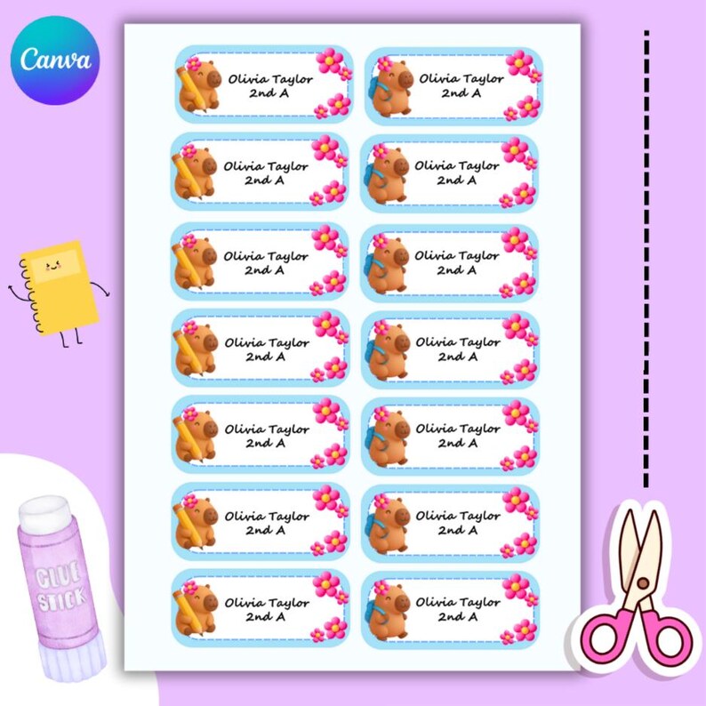 Capybara School Labels –editable in Canva –personalized Name Stickers ...