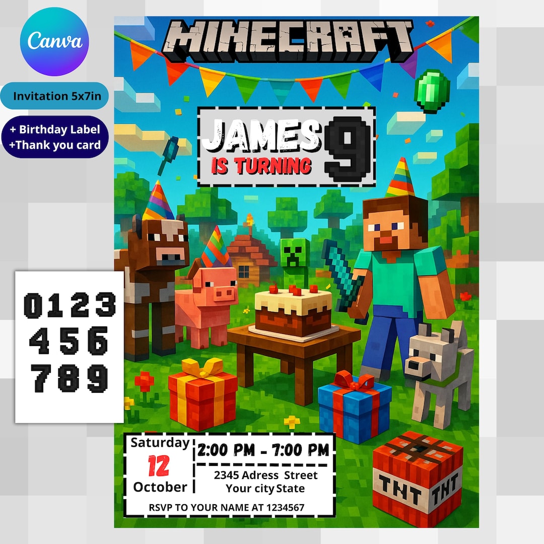Editable Minecraft Party Invitation, Gamer Birthday Invite for Kids ...