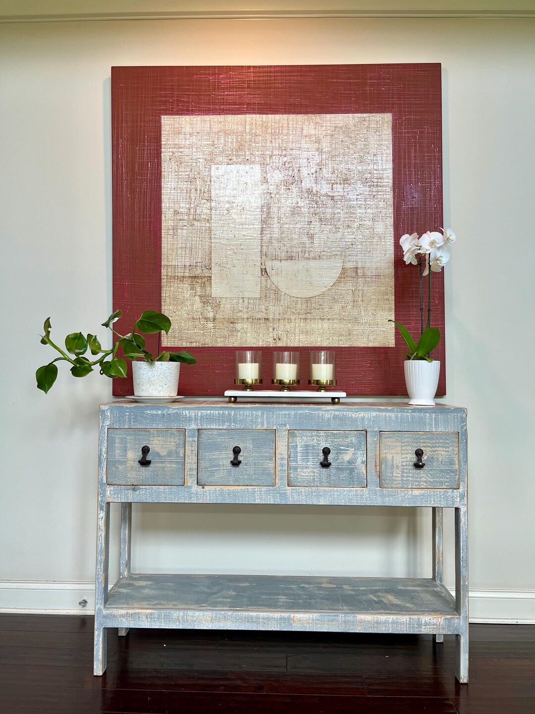 SOLD *** Rustic Blue Console Table With 4 Drawers – Solid Wood Entryway ...