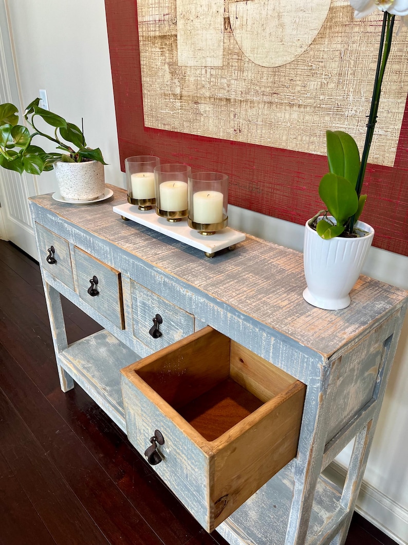 SOLD *** Rustic Blue Console Table With 4 Drawers – Solid Wood Entryway ...