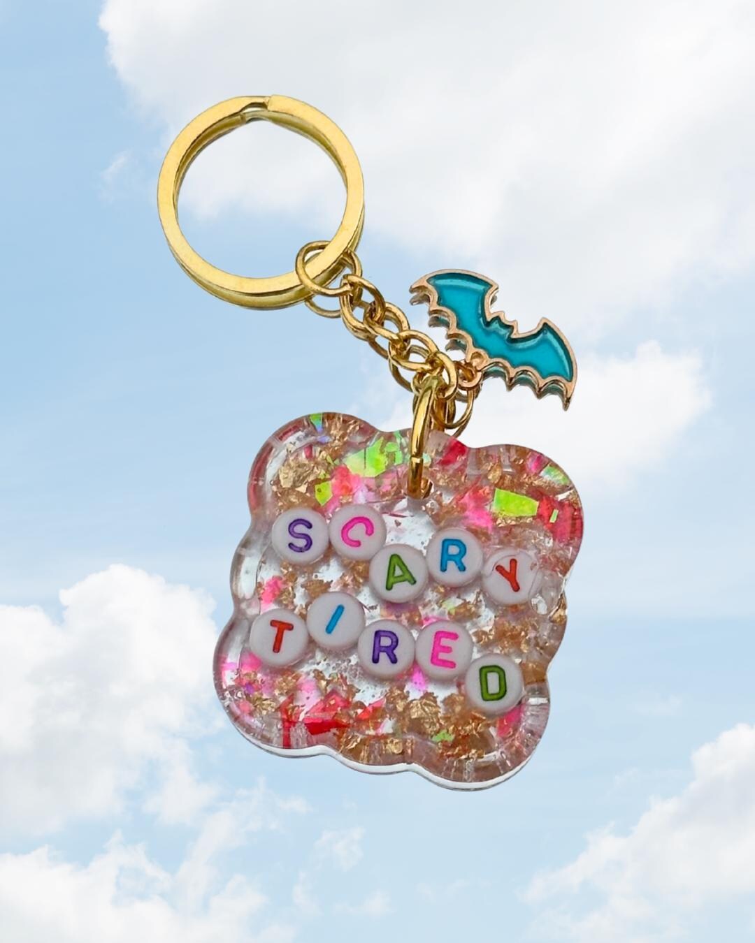 Scary Tired Keychain | Gold With Blue Bat - Etsy