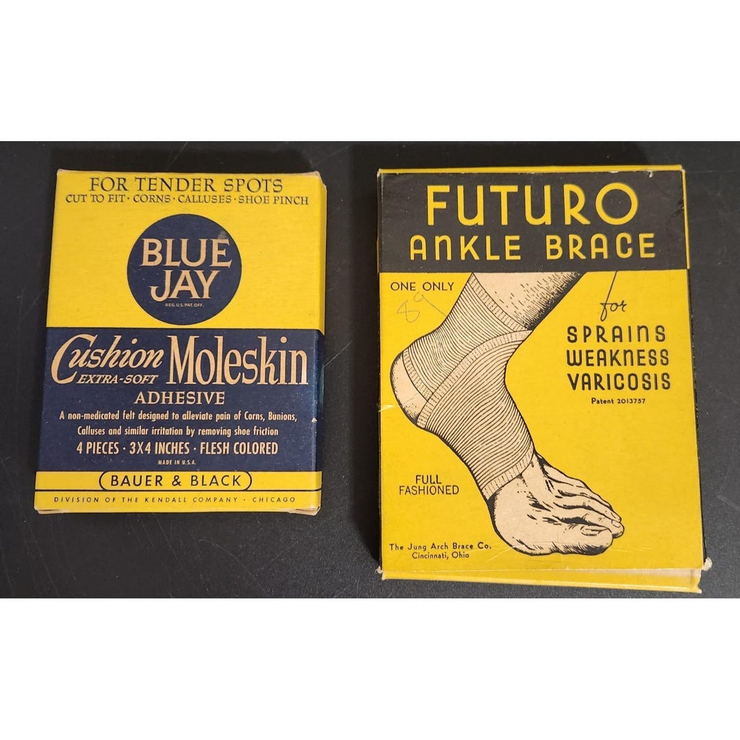 Vintage 1930's Futuro Leg Braces Box & Blue Jay Bauer Black Cushion ...