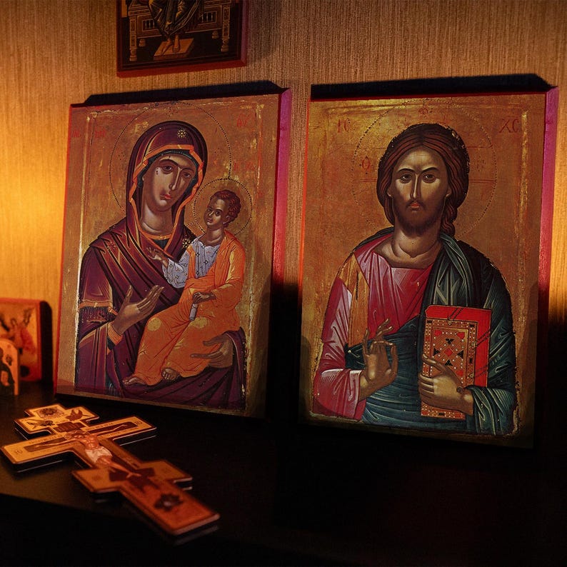 Handmade Mounted Icon | Matching Icon Set | Christ and Theotokos - Etsy
