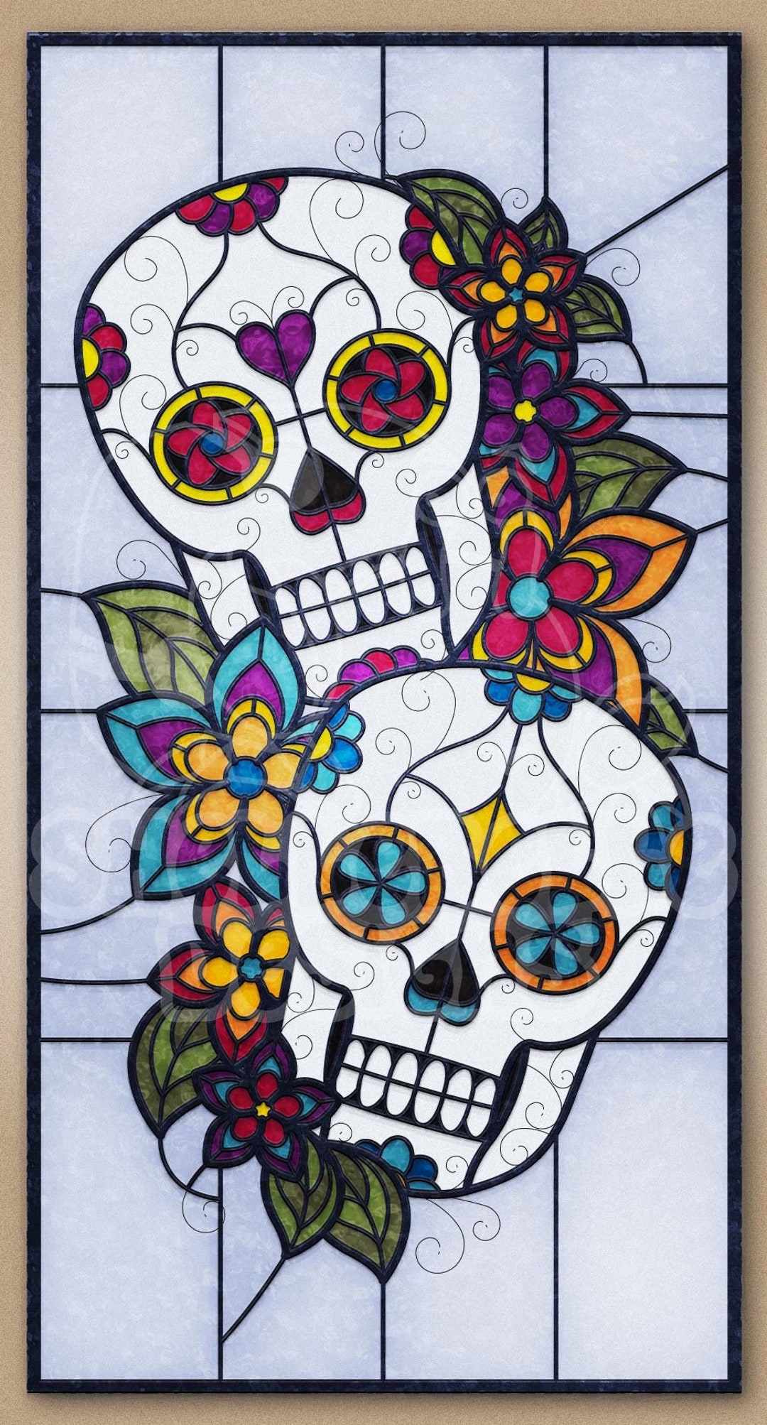 Digital Stained Glass Pattern - Dia De Los Muertos Sugar Skulls ...