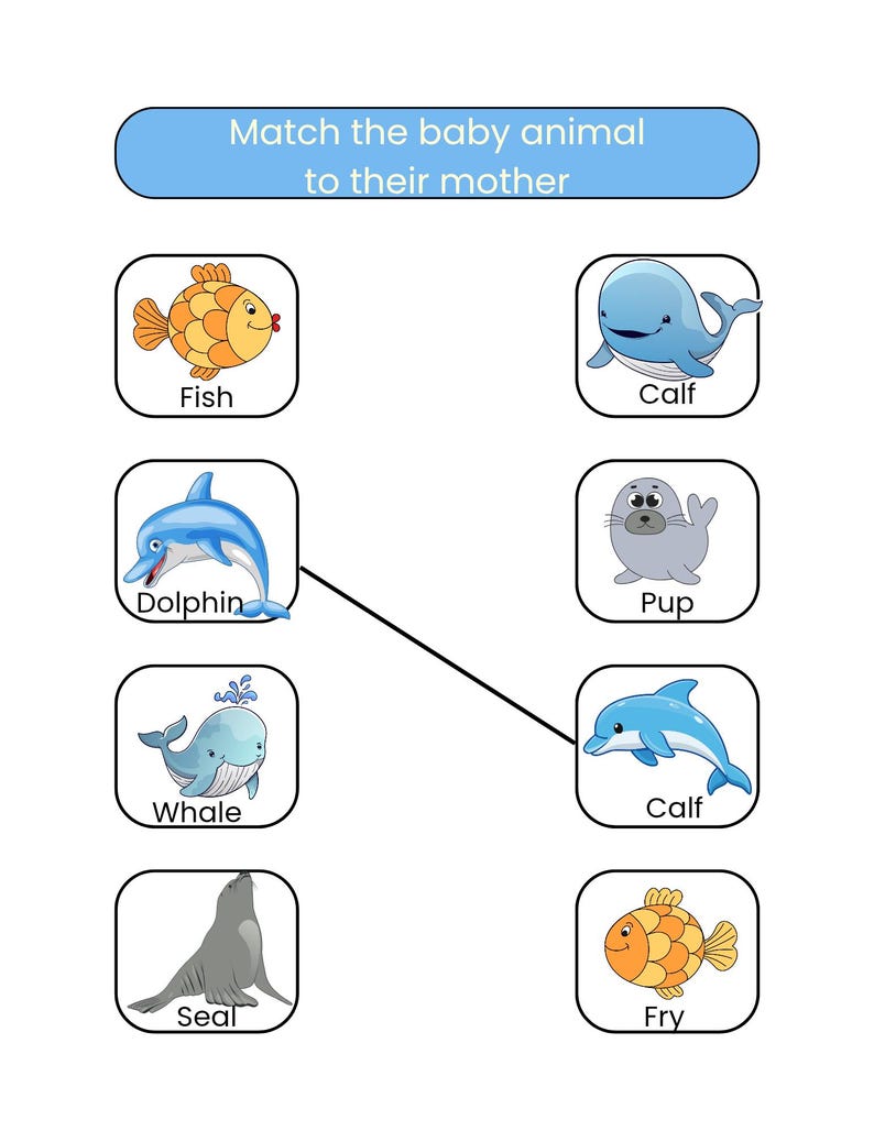Match the Baby Animal, Sea Animal Series. Printable Worksheet for Kids ...