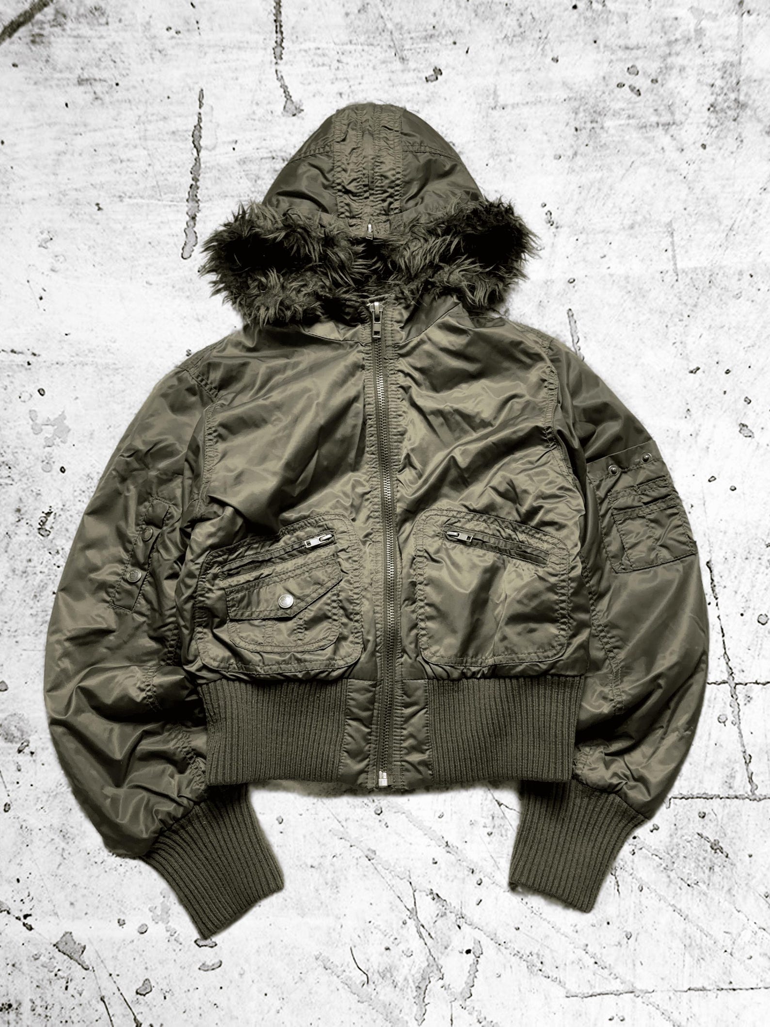 Y2K Olive Green Bomber Jacket With Faux Fur Hood – Cropped Military ...