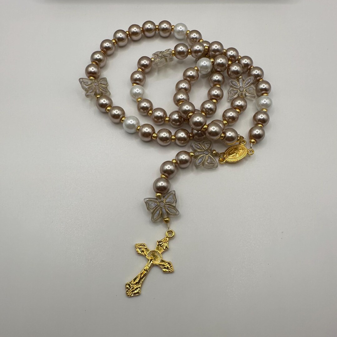 Champagne Pearl Rosary: Glass Butterfly Accents, Gold-tone Catholic ...