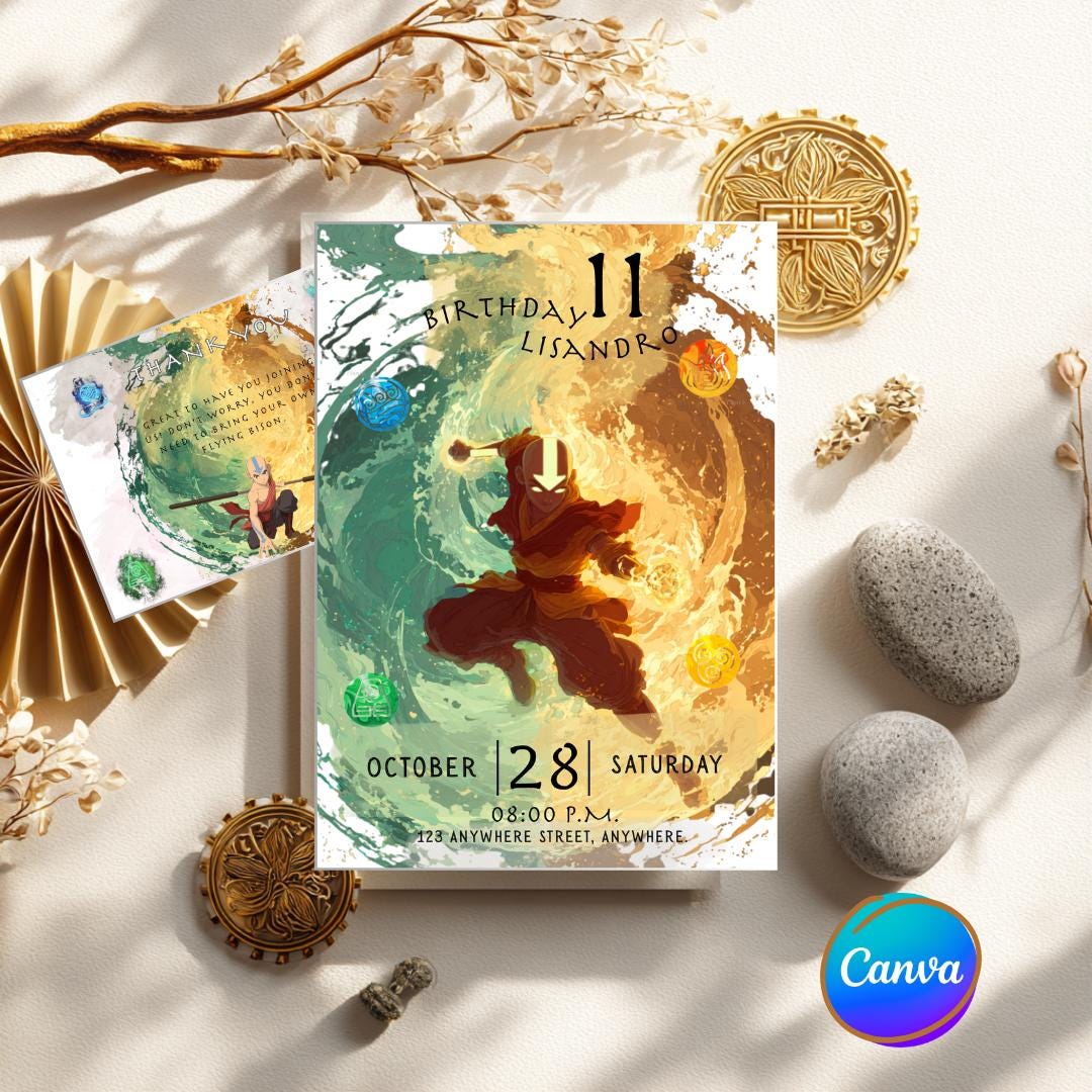Avatar Birthday Invitation | Digital Editable Template | Aang Airbender ...