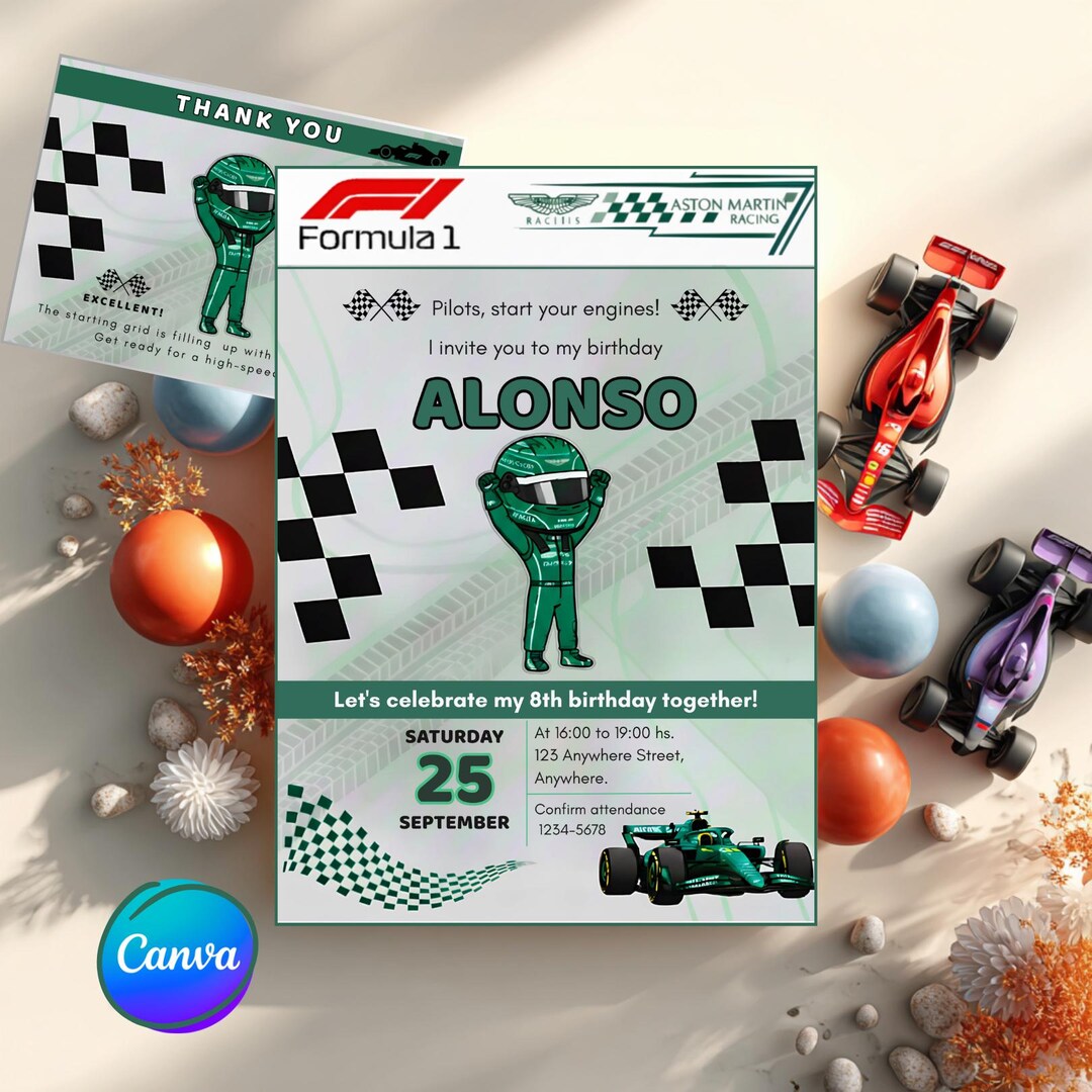 Aston Martin F1 Birthday Invitation: Race Car Party, Editable Template ...