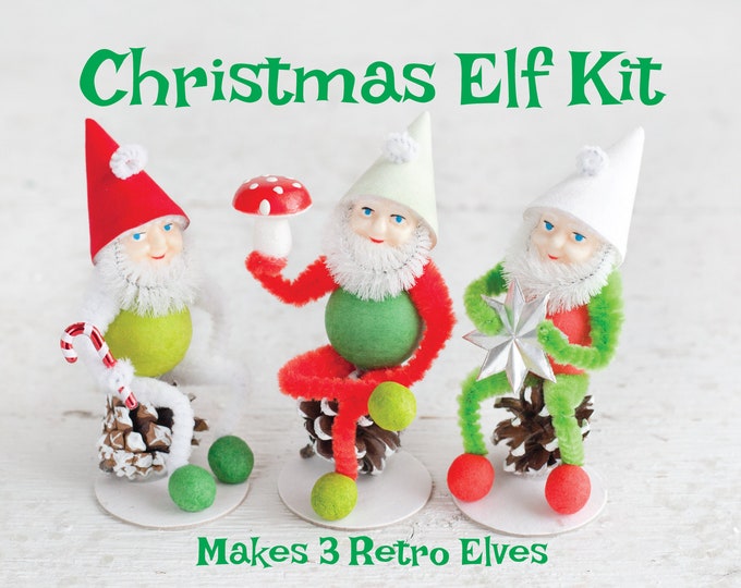 Christmas Elf Craft Kit - DIY Retro Red and Green Spun Cotton and Pine ...