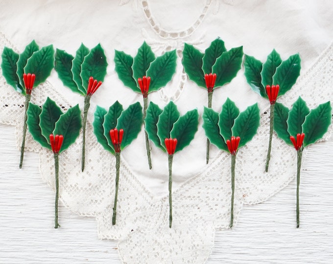 Holly Picks Vintage Style Lacquered Craft Holly Leaves and Berries, 10 ...