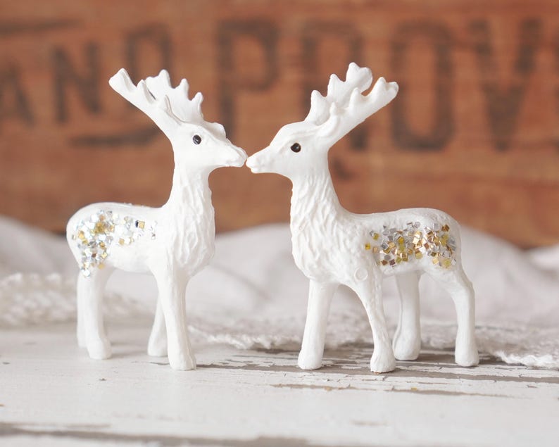 Glitter Deer - 6 Miniature Creamy White Plastic Reindeer With Vintage ...