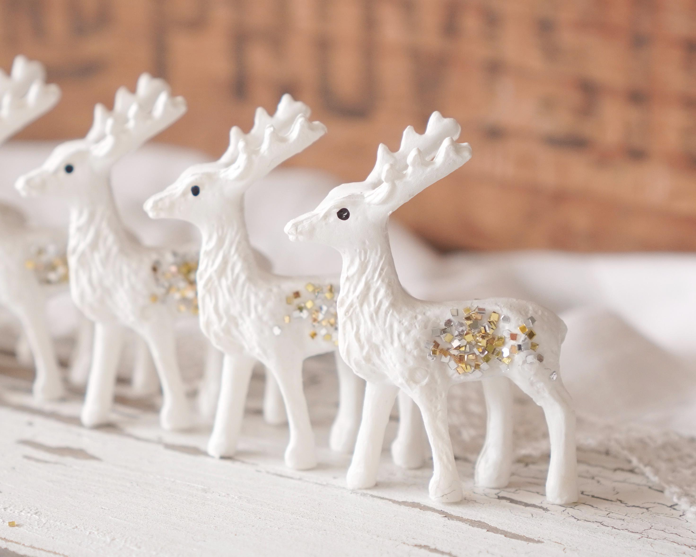 Glitter Deer - 6 Miniature Creamy White Plastic Reindeer With Vintage ...