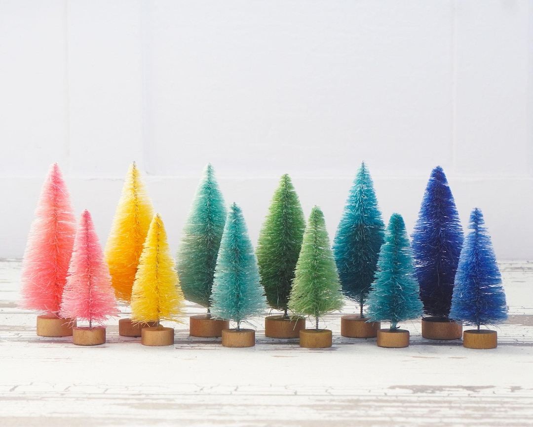 Rainbow Bottle Brush Trees, 3-4 Inch Mini Christmas Village Size, 12 ...