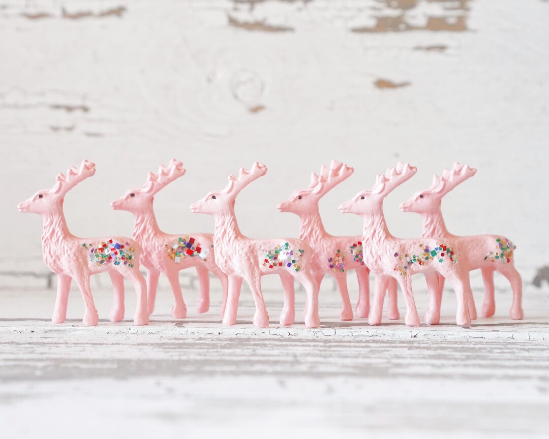 Miniature Pink Reindeer - 6 Tiny Plastic Deer With Vintage Glitter - Etsy