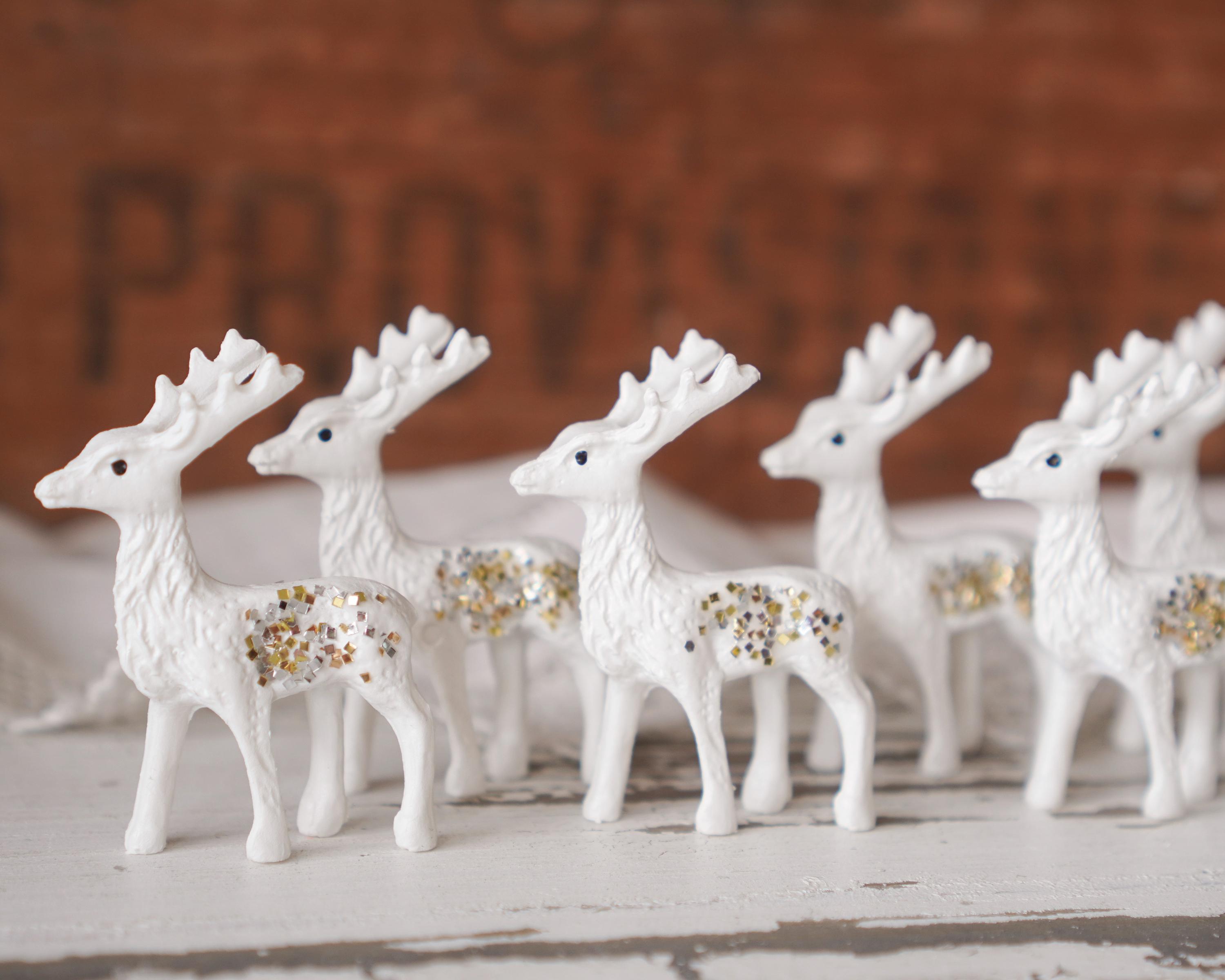 Glitter Deer - 6 Miniature Creamy White Plastic Reindeer With Vintage ...