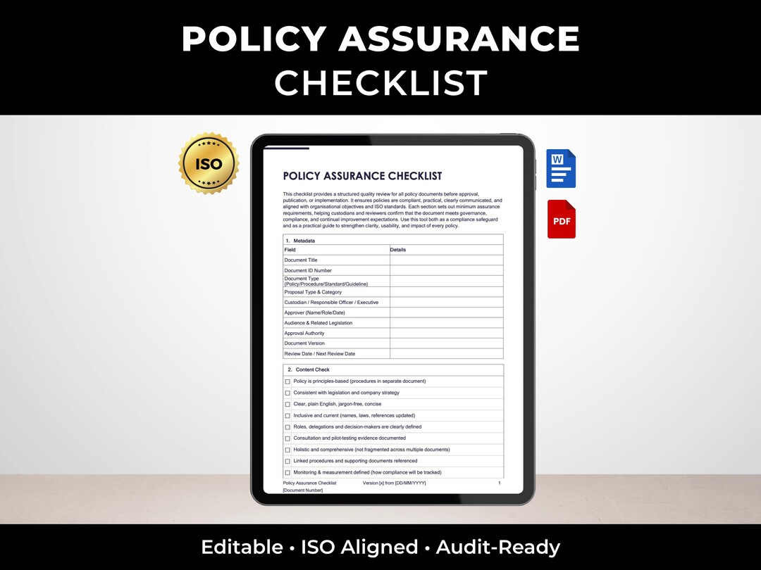 Policy Assurance Checklist ISO 9001 14001 45001 – Editable Word ...