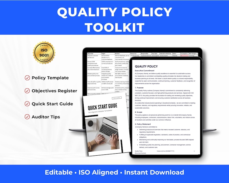 ISO 9001 Quality Policy Template & SMART Objectives Register - Etsy