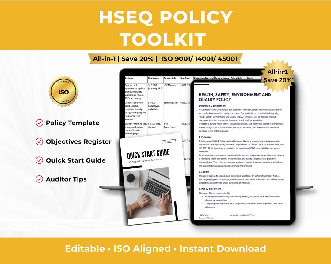 HSEQ Policy Template | ISO 45001/14001/9001 + SMART Objectives Register ...