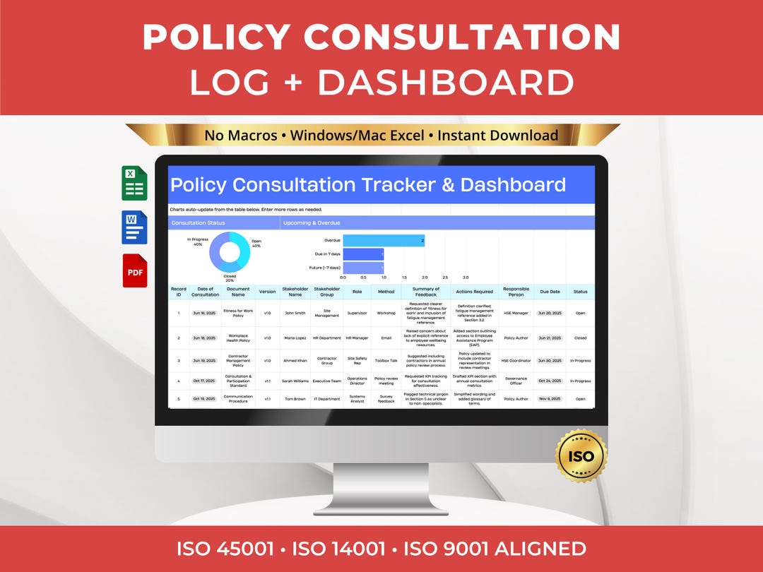 Consultation Tracker & Dashboard ISO 9001 14001 45001 – Excel Register ...