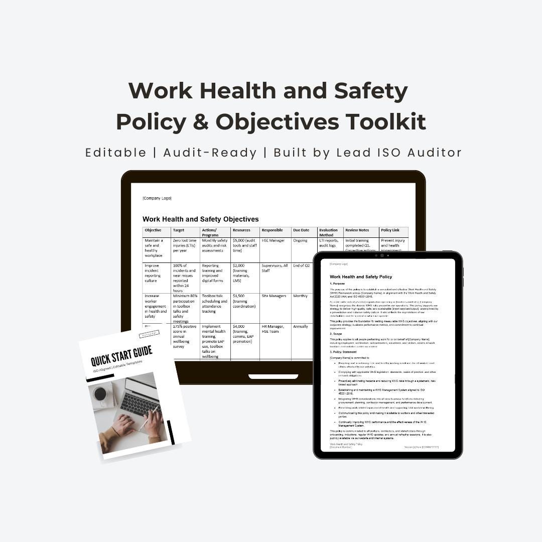 Editable WHS Policy & Objectives Toolkit | ISO 45001 Compliant | Safety ...