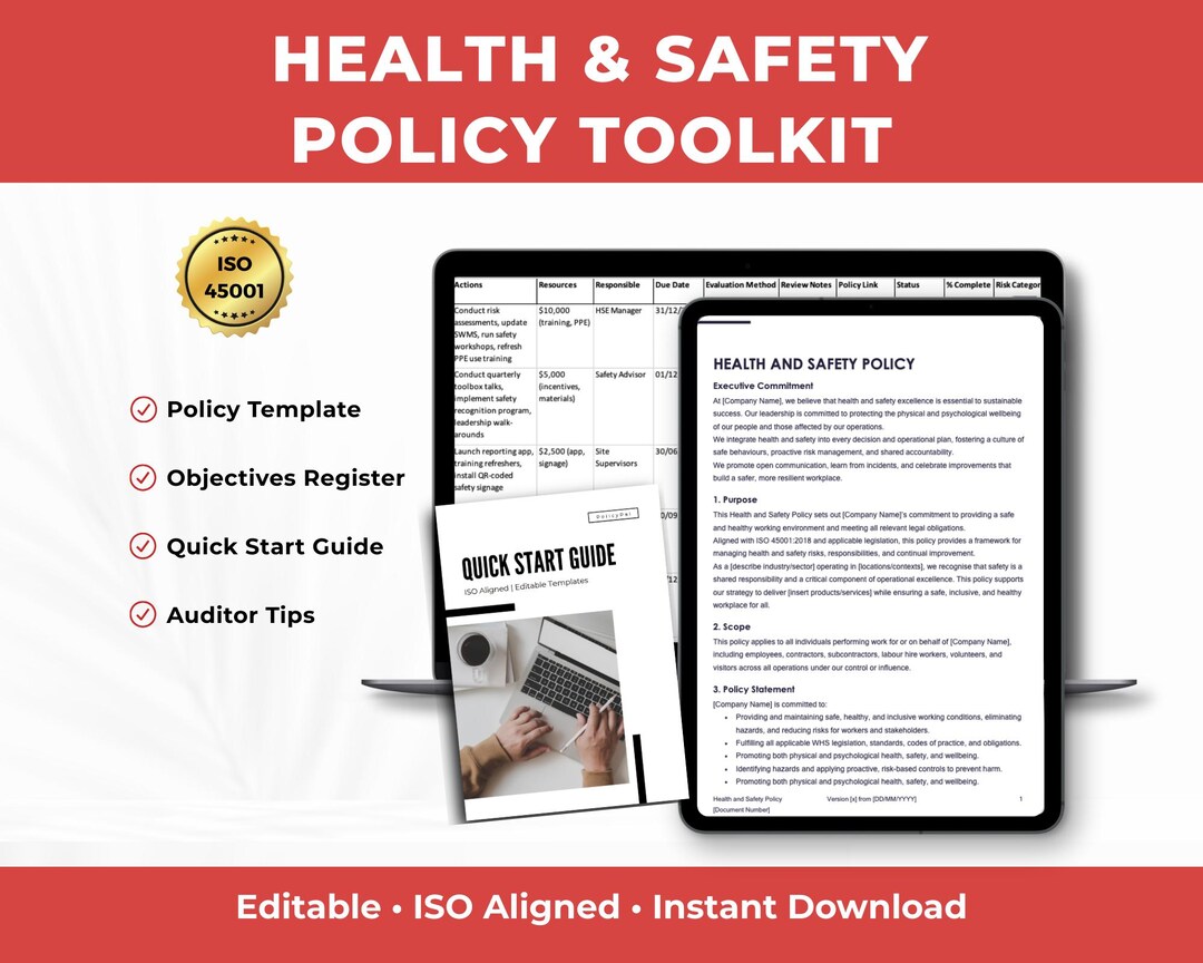 ISO 45001 Health & Safety Policy Template + SMART Objectives Register ...
